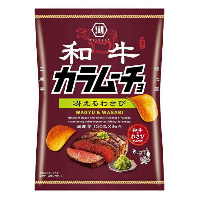 キリッと冴えるわさびで和牛の旨味をさらに際立たせ、味わい豊かな辛旨を体現！ 【内容量】53g 【原材料】馬鈴薯(日本:遺伝子組換えでない)、植物油、ぶどう糖、砂糖、食塩、香辛料、粉末しょうゆ(小麦・大豆を含む)、たんぱく加水分解物(大豆を含...