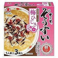 ごはんがあれば、だしのきいた梅ひじきぞうすいが簡単にできるぞうすいの素です。紀州産梅干し使用。 栄養成分表示 1袋（9g）当たり 熱量25kcal たんぱく質1.3g 脂質0.4g 炭水化物4.1g 食塩相当量2.9g 原材料　※お手元に届...