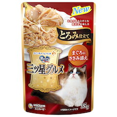 【名称】猫用主食 【原材料名】魚介類(まぐろ、かつお、フィッシュエキス)、ささみ、調味料、増粘安定剤(加工でん粉、増粘多糖類) 【保証成分】タンパク質9.0%以上脂質0.2%以上繊維0.5%以下灰分3.0%以下水分89.0%以下 【代謝エネ...