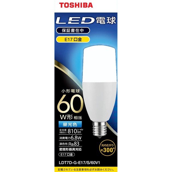 【　商品説明　】 ●光の広がり300° ●小形電球60W相当 【　仕　様　】 ■全光束：810lm ■口金：E17口金 ■寿命：40000時間 ■密閉器具：○ ■調光器：× ■入り数：1個 ■種別：T形電球タイプ ■光色：昼光色 ■定格消費...