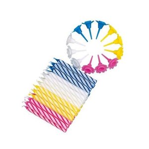 お祝い事のケーキに！ スティックキャンドルスタンド付き 4色のストライプデザインが華やかに。 ろうそく立て（ピック）付き。 直接ケーキに立てても衛生上の問題なし。 ・カラーバリエーション:ブルー、イエロー、ホワイト、ピンク ・本体サイズ（約...