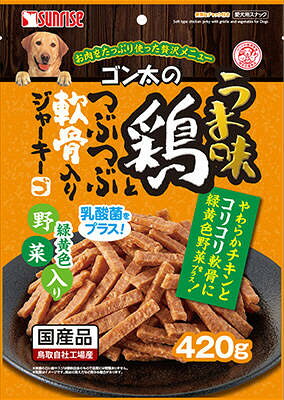 お肉をたっぷり使ったチキンジャーキーのおいしさと軟骨のコリコリした食感をダブルで味わう事ができる嗜好性の高いスナックです。 やわらかく食べやすい細切りサイズにカットしました。 ビタミンや食物繊維を含んだ緑黄色野菜入り。 【原材料】穀類、肉類...