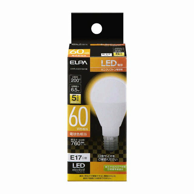 寸法　全長85mm×外径40mm　全光束　760lm 定格消費電力　6.5W　質量　31g エネルギー消費効率　116.9lm/W　サイズ　60W形相当 原産国　中国　使用場所　屋内用 光色　電球色相当　定格入力電流　110mA 交流電源　...