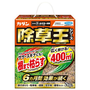 根まで枯らして6ヵ月間生やさない！雑草発生前にまけば予防にも。 家まわり、駐車場、道路、空き地、墓地などに。最大400平方メートル（約120坪）用。 ●農林水産省登録第20936号 【成分】カルブチレート(3-(3、3-ジメチルウレイド)フ...