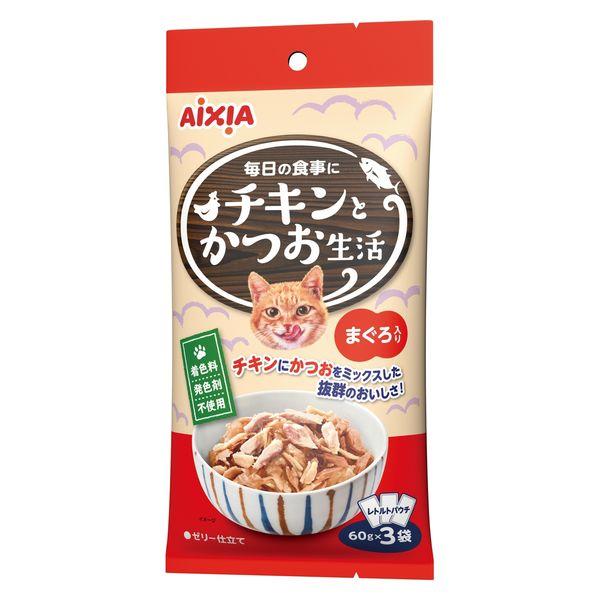 ●【ブランド】 ： チキンとかつお生活 ●【メーカー】 ： Aixia(アイシア) ●【原材料】 ：鶏肉、魚介類(カツオ、まぐろ)、オリゴ糖、増粘多糖類、調味料、ビタミンE ●【内容量】 ：180g（60g×3袋） ●【原産国】 ：タイ *...