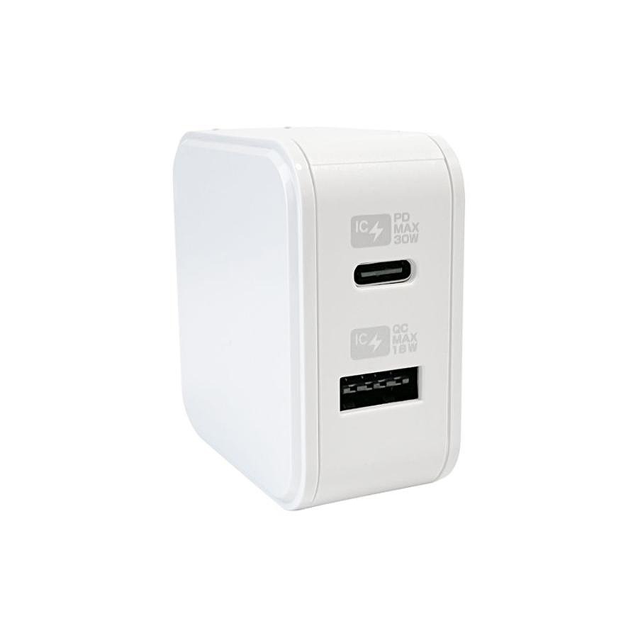本体色：ホワイト 入力電圧：AC100-240V 50/60Hz 出力：USB-A QC最大18W 5V 3A, 9V 2A, 12V 1.5A 出力：USB Type-C PD最大30W 5V 3A, 9V 3A, 12V 2.5A, 1...