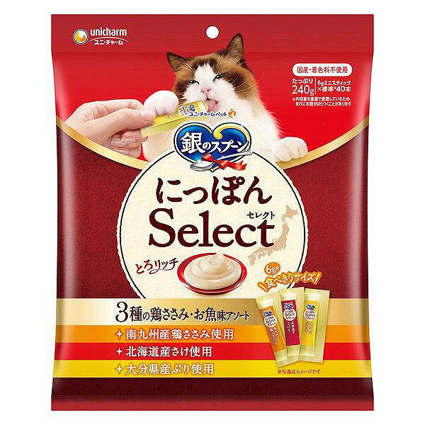 内容量：240g(6g×40本) 対象：猫 機能：おやつ ライフステージ：成猫(1歳~) 保証成分：タンパク質:6.0%以上、脂質:0.5%以上、粗繊維:1.0%以下、粗灰分:3.0%以下、水分:95.0%以下 原産国：日本 カロリー：約3...