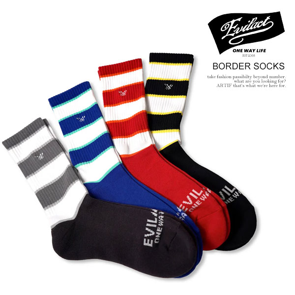 　商品説明 EVILACT イーブルアクト ●商品説明 EVILACT独自のデザインセンスが施された「BORDER」ソックス。 ネオンカラーのマルチボーダーがアクセントとして配置されている。 ●素材 COTTON70％ , ACRYLIC3...