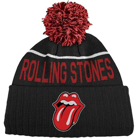 THE ROLLING STONES ニットキャップです イギリスのオフィシャルショップからの輸入品です 折り返しあり。デザイン部はワッペンです F-(FREE サイズ)20cm 20cm(未着用時採寸) 素材:アクリル カラー：ブラック
