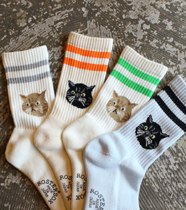 [ ROSTER SOX / ロスターソックス ] ◇CAT socks なんとも言えない表情が可愛いCATソックス。 黒猫と茶トラ猫の2匹。 つま先に映える”Have A Nice Day”やラインもポイント。 足底部分には、消臭機能を備...