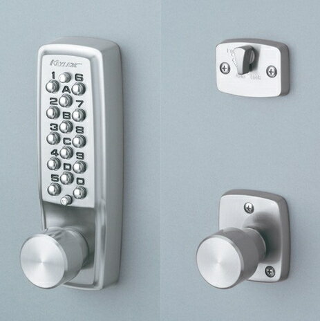 自動施錠　ノブタイプ ロック板差替方式 キーレックス本体の一部を分解し、内蔵されているロック板を差し替えることで記憶番号を変更します。 高い防犯性 記憶番号は最大14桁の組合わせができ、組合せは16,384通りございます。 通り数だけでなく...