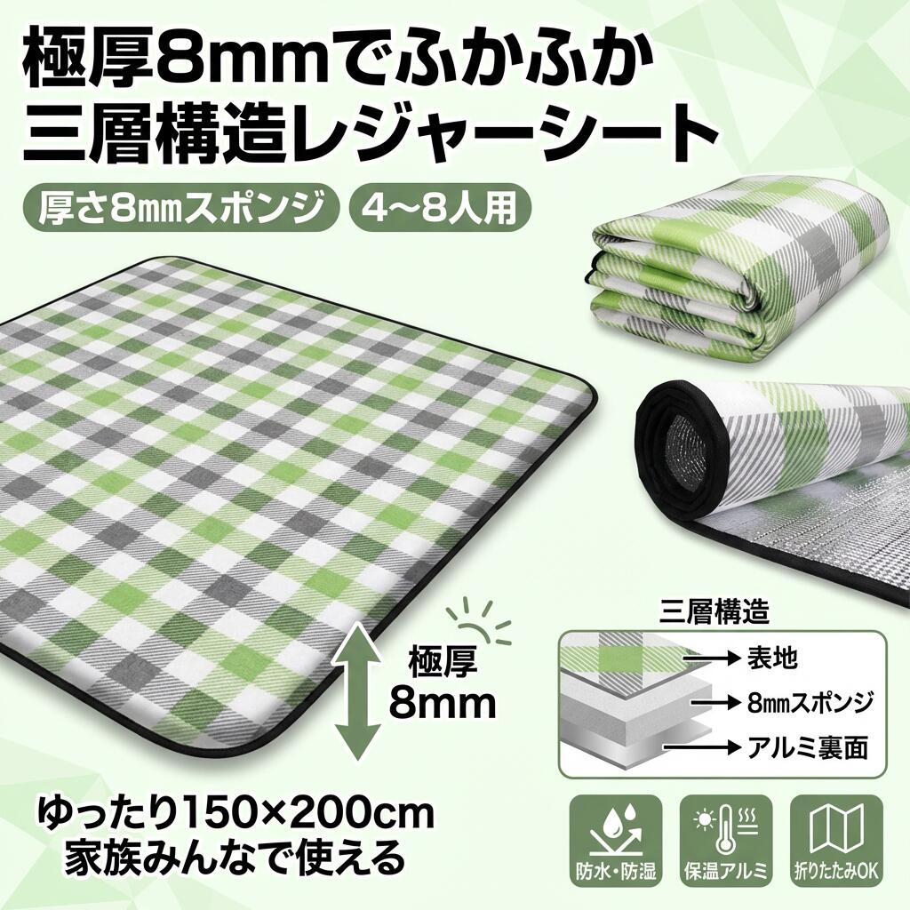 三層構造で作られた極厚レジャーシート。【厚さ8mmスポンジ】【4-8人用】ピクニックシートの真ん中には中綿が詰まっていますので軽度のクッション性があります。レジャーシート裏面と表面にはアルミフィルムを使用しています。 防水性断熱性耐久性に優...
