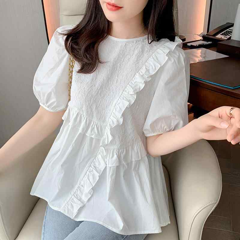 トップス レディース 半袖 シフォン ブラウス パフスリーブ きれいめ 大人かわいい シンプル フェミニン 着痩せ ゆったり 無地 夏服 オフィス 普段使い お出かけ デート カジュアル きちんと感 エレガント 上品 涼しげ 透け感 体型カ...