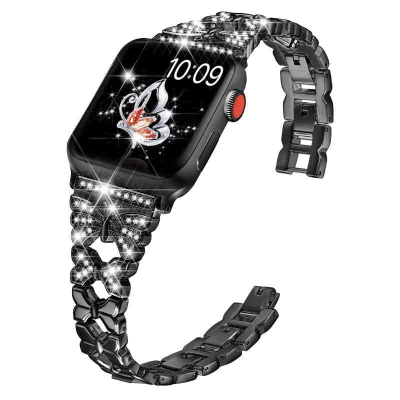 【Daturus】互換 Apple Watch バンド ステンレス アップルウォッチ ベルト レディース series7/6/5/4/3/2/1/SE対応 アップルウォッチバンド 蝶ネクタイの形 ダイヤモンド キラキラ【デザイン】蝶々のよう...