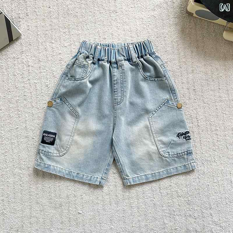 ・カテゴリ: 童用パンツ・スタイル: 牛仔・主な素材: 綿83%・パンツ丈: 5分丈/中丈・柄: 無地、アルファベット・カラー展開: ブルー・サイズ展開: 90cm、100cm、110cm、120cm、130cm、140cm、150cm・対...
