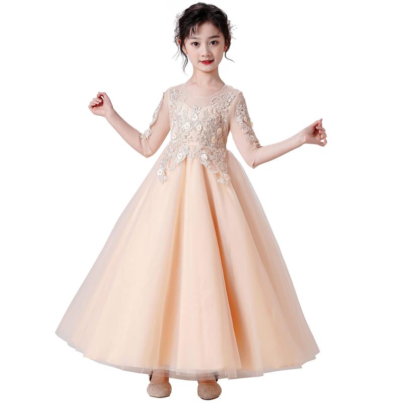 [Weileenice] 子供 黒 ピンク ブルー 白 ゴールド ドレス 女の子 発表会 結婚式 パーティー ドレス ロング 袖 キッズ スパンコール フォーマル 刺繍 チュール レースドレスご注意：1、袖部分がレース素材で作られているので...
