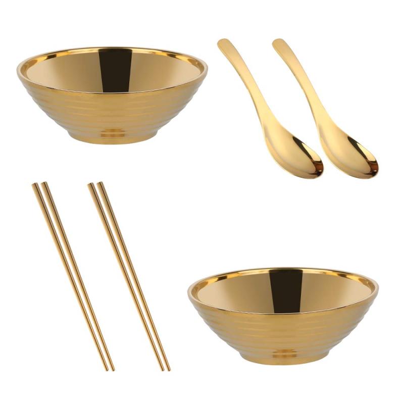 Buyit 麺鉢 レンゲ 箸 セット 2人用 18-8ステンレス製 二重構造 軽量な ラーメン鉢 肉厚が厚い レンゲスプーン 四角 ステンレス箸 丈夫 衛生 洗いやすい…