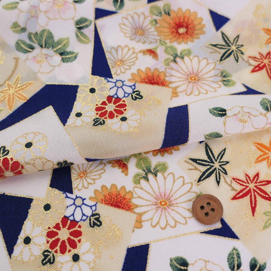 【商品画像について】お使いのモニタや環境により、実物と色が違って見えることがあります。ご了承ください。金箔一越ちりめん 色紙に花と紅葉(青)凛とした印象仕様■レーヨン100% ■約70cm幅商品詳細本金箔の上品で繊細なラインと縁取りが、色紙...