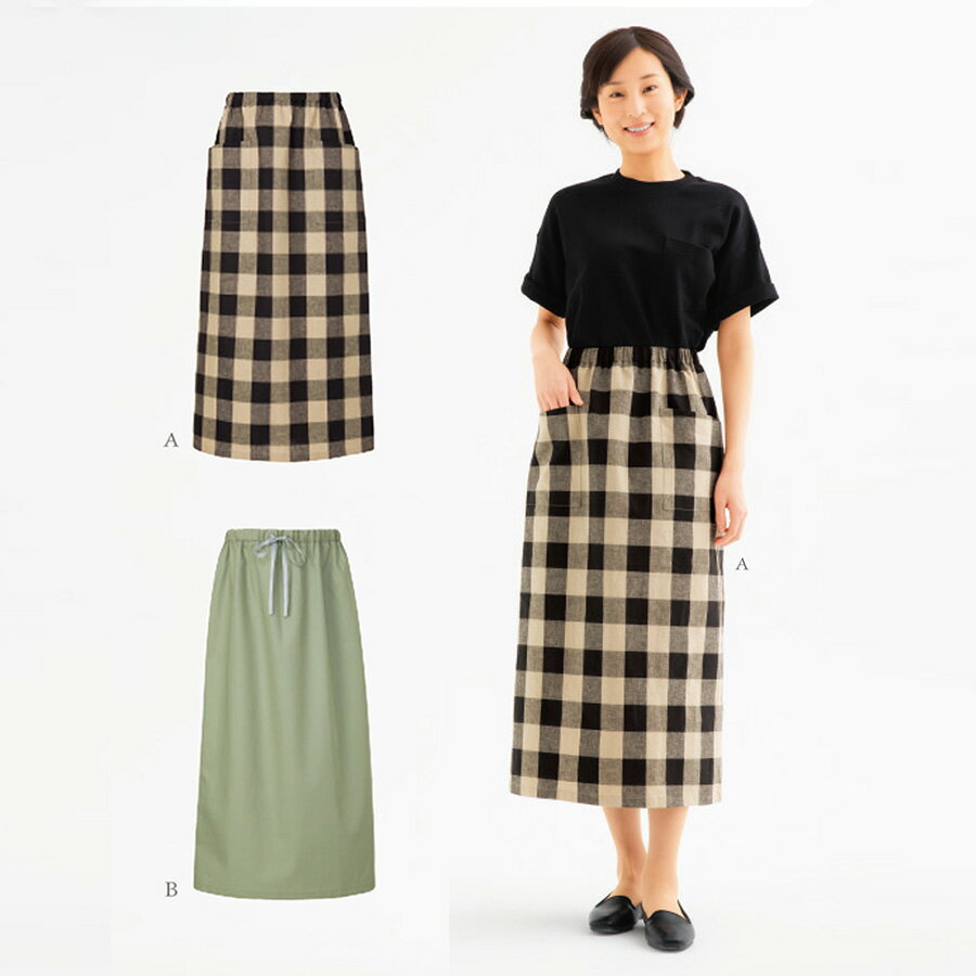 【商品画像について】お使いのモニタや環境により、実物と色が違って見えることがあります。ご了承ください。実物大型紙・ウエストゴムのストレートスカート普段使いにも仕様■おとな女性用（身長150-170cm、ヒップ82-106cm）商品詳細ウエス...