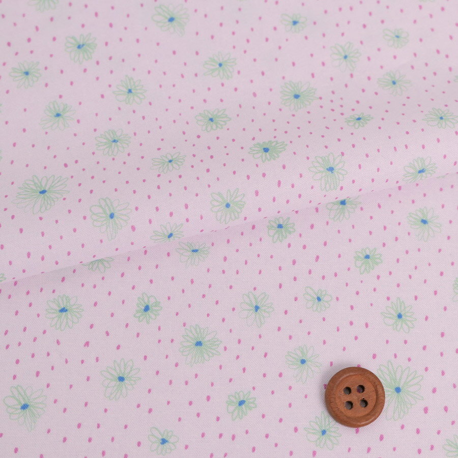 【商品画像について】お使いのモニタや環境により、実物と色が違って見えることがあります。ご了承ください。コットン生地 手描き風のお花とドット(グリーンの花)パッチワークや洋服作りに仕様■綿100% ■約110cm幅 ■厚み約0.31mm商品詳...