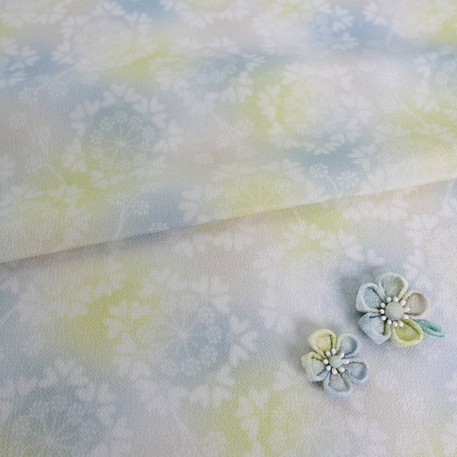 【商品画像について】お使いのモニタや環境により、実物と色が違って見えることがあります。ご了承ください。つゆつき・一越ちりめん オルレアレースぼかし(おぼろ月夜)つまみ細工に・黄色とブルー系 つゆつき・一越ちりめん オルレアレースぼかし(おぼ...