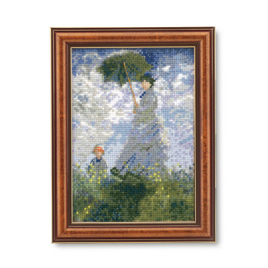 【商品画像について】お使いのモニタや環境により、実物と色が違って見えることがあります。ご了承ください。クロスステッチキット「日傘をさす女」モネ作 ミニフレーム付きひと針、ひと針を楽しむ仕様■額外径 : 約縦20.8cm×15.8cm、額内径...