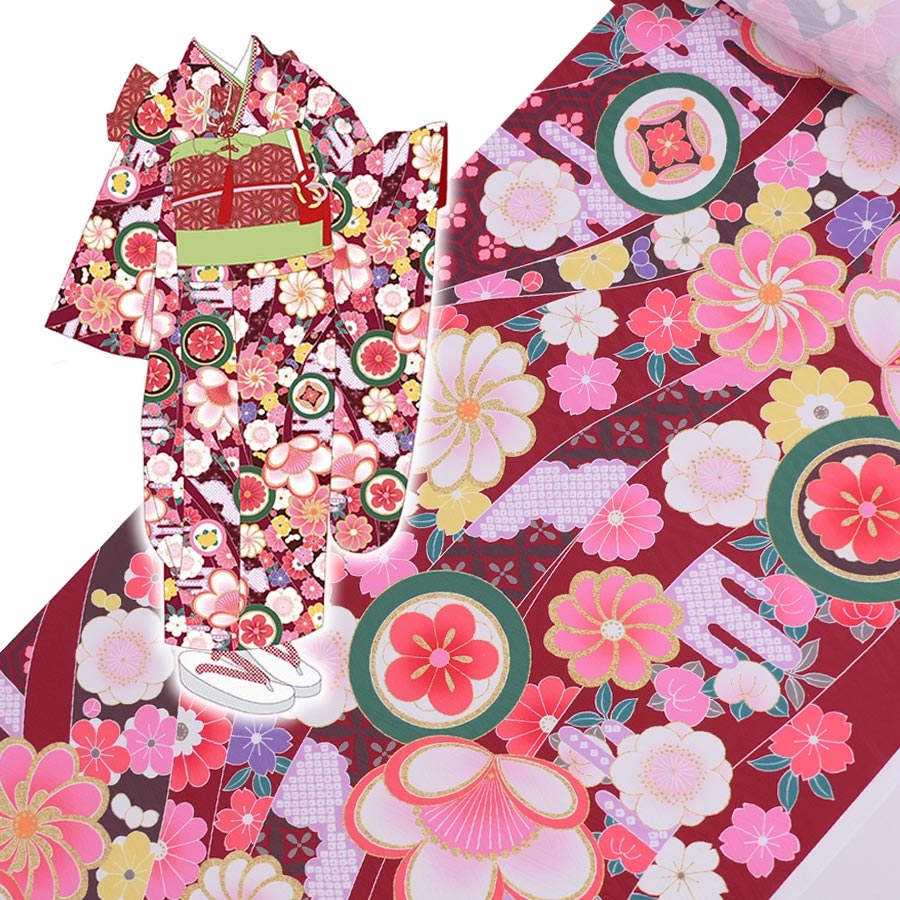 【商品画像について】お使いのモニタや環境により、実物と色が違って見えることがあります。ご了承ください。着物用洗える生地 のしめに花と丸紋散らし(えんじ系) 1反売り(約12m)しっとり上品な彩り仕様■ポリエステル100% ■約38cm幅 ■...