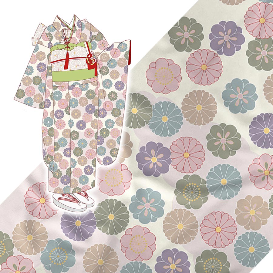 【商品画像について】お使いのモニタや環境により、実物と色が違って見えることがあります。ご了承ください。着物用洗える生地 菊梅並べ(くすみカラー) 1反売り(約12m)七五三の着物に仕様■ポリエステル100% ■約38cm幅 ■厚み約0.3m...