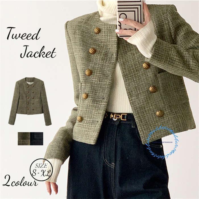 検索ワード：ツイードジャケット ノーカラ— ジャケット ノーカラージャケット アウター レディース きれいめ 春 秋 冬 ママスーツ スーツ スーツジャケット 長袖 羽織 ゴールドボタン フォーマル 大きいサイズ 入学式 卒業式 入園式 卒...