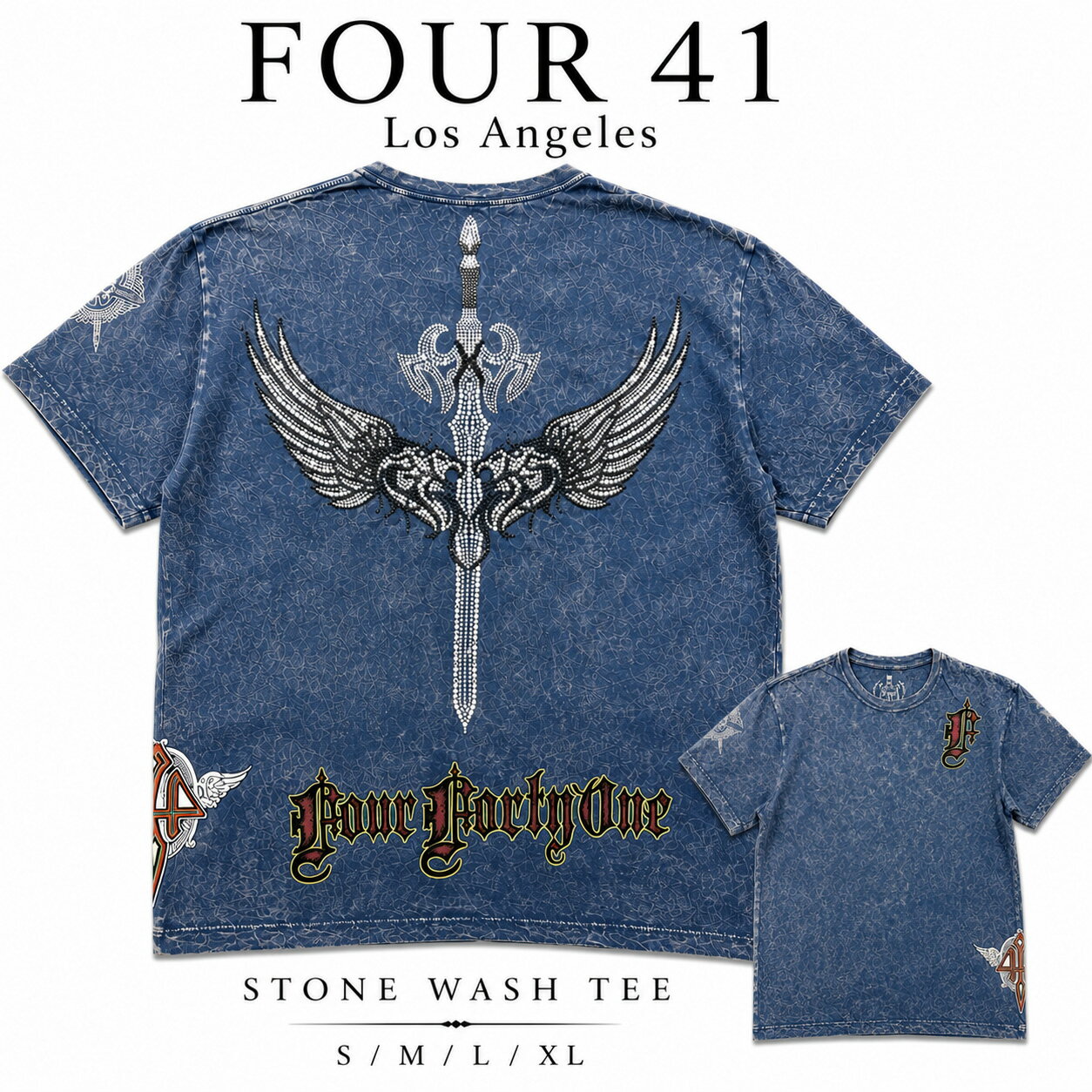FOUR 41 Los Angeles ストーンウォッシュ × ラインストーン × ウイングソードデザイン ロサンゼルス発ブランド「FOUR 41 Los Angeles」。 ストリート、ロック、バイカー、Y2Kカルチャーを融合した独自の世...