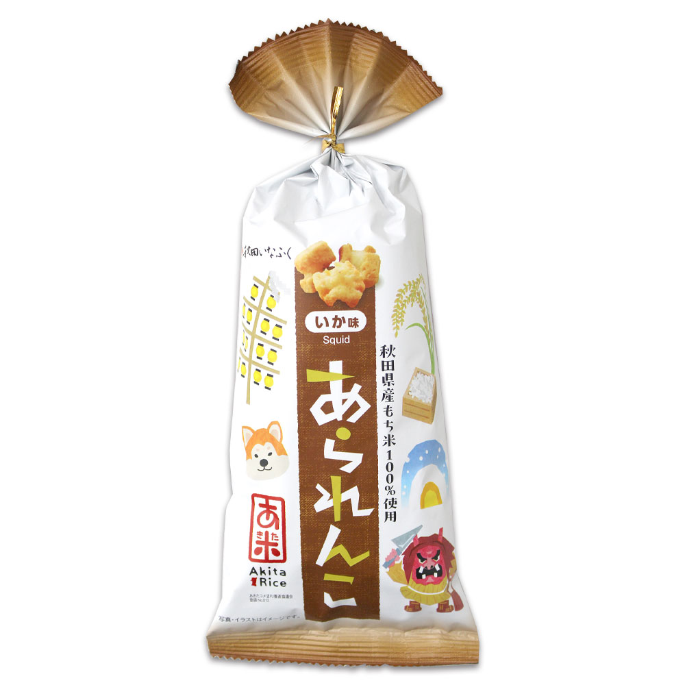 ■名称 米菓 ■内容量 100g ■原材料 もち米（秋田県産）、植物油、いかシーズニング、いか粉、エビパウダー、食塩/調味料（アミノ酸等）、香料、ソルビット、酸化防止剤（ビタミンE）、甘味料（カンゾウ、ステビア）、カラメル色素、（一部に小麦...
