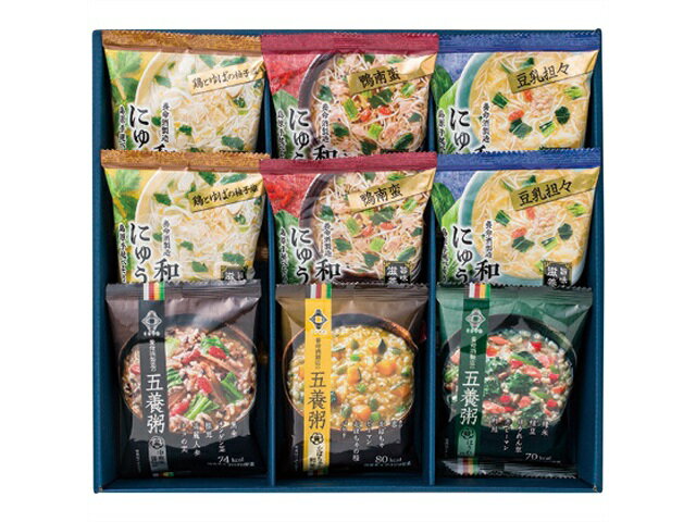 「養命酒製造の養生思想」に基づいて作ったにゅうめんとお粥のセット。箱サイズ：32×6.5×29.5cm・現品サイズ・内容：和養生にゅうめん(鶏とゆばの柚子塩26.5g・鴨南蛮28.7g・豆乳担々28.5g各2袋)・五養粥(中華風醤油味19....