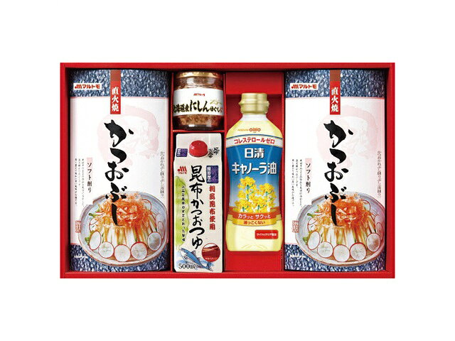 こだわりのかつお節削りパックと便利な調味料の詰め合わせです。箱サイズ：43×8.3×27.7cm・現品サイズ・内容：直火焼ソフトパック(2.5g×7袋)2箱・昆布かつおつゆ500ml・日清キャノーラ油350g各1本・北海道産にしんほぐし50...