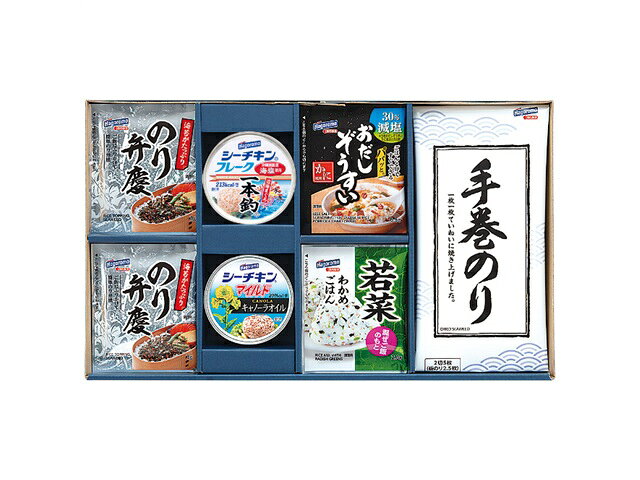 和の食卓を彩るバラエティ豊かな詰合せ。箱サイズ：39×4.3×23.7cm・現品サイズ・内容：のり弁慶ふりかけ(3g×6袋)・減塩おだしぞうすいかに(6.5g×3袋)・わかめ混ぜご飯若菜(2.8g×3袋)・手巻のり(2切5枚1袋)・シーチキ...
