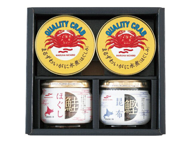 白鮭のほぐし身、鰹昆布の瓶詰とまるずわいがにほぐしみ缶詰の詰合せです。箱サイズ：18×7.5×16cm・現品サイズ・内容：まるずわいがに水煮(ほぐしみ)65g×2缶・鮭ほぐし・鰹昆布各1瓶・各45g・重量：900g製造生産地：日本製賞味期間...