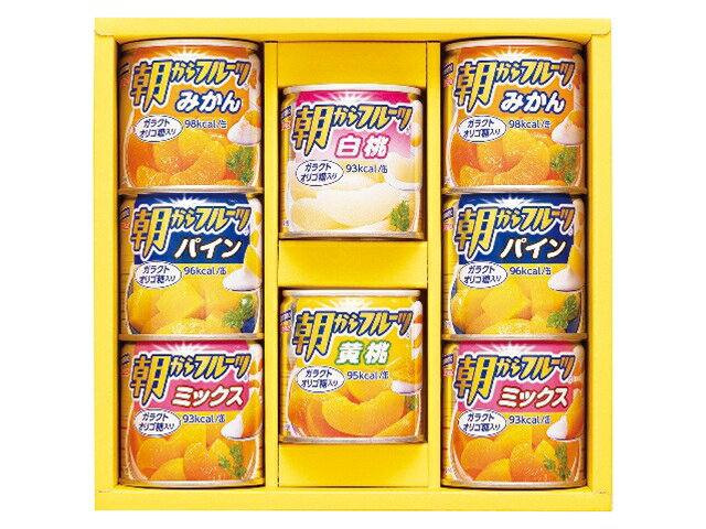 たわわに実ったフルーツには甘さと芳醇な香り、太陽の幸せがいっぱい。ひんやり、つるりのおいしさをおとどけします。箱サイズ：23.9×7.5×23cm・現品サイズ・内容：朝からフルーツ190g(みかん・パイン・ミックス各2缶・白桃・黄桃各1缶)...