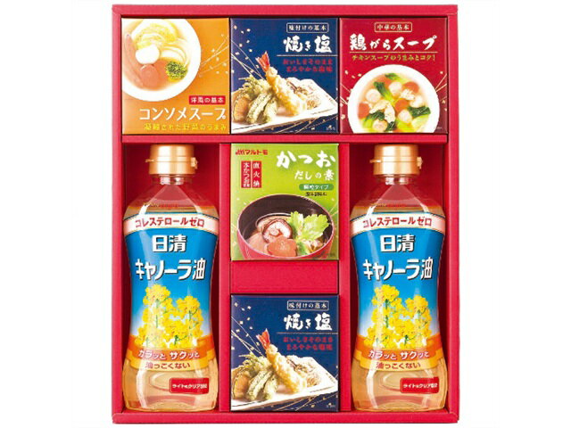 キャノーラ油、かつおだしの素、焼き塩など、いつもの料理の味わいを豊かにする調味料を詰合せました。和食、洋食、中華と幅広く使っていただけるバラエティ調味料ギフトです。箱サイズ：26.3×6×31.5cm・現品サイズ・内容：日清キャノーラ油35...