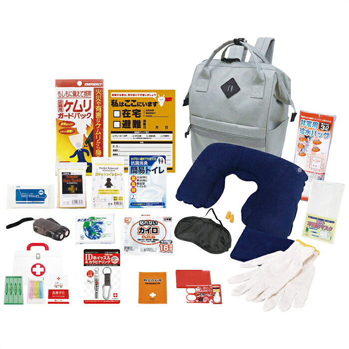 ガマグチタイプのリュックで入れやすく取り出しやすい防災セット。箱サイズ：41×10×35cm現品サイズ・内容：19×29×36cm収納リュック1個・ポリエステル重量：1480g製造生産地：日本・中国・タイ・ベトナム製※他の商品との同梱は不可...