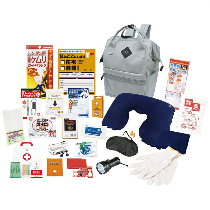 ガマグチタイプのリュックで入れやすく取り出しやすい防災セット。箱サイズ：41×10×35cm現品サイズ・内容：19×29×36cm収納リュック1個・ポリエステル重量：1660g製造生産地：日本・中国・タイ・ベトナム製※他の商品との同梱は不可...
