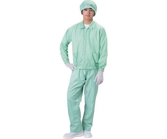 ※ご覧いただいているモニターや端末の環境により、実際の商品と色味や質感が異なって見える場合がございます。あらかじめご了承のうえ、お買い求めくださいませ。超導電性加工糸を使用しています。クリーンルーム内での作業に。色：グリーンサイズ：5L着丈...