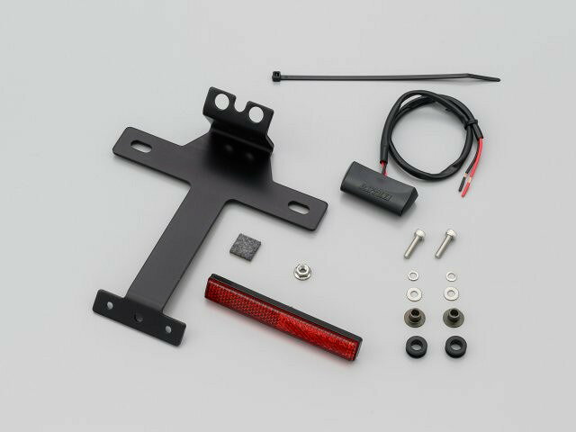 Eマークを取得した広角照射2LEDライセンスランプ（SC2）とナンバー角度45度のステーセット。※車体側に合わせて端子組み付け等の配線加工が必要です。　 ※端子類は付属しません。・ステー：アルミ製(ブラックアルマイト) ・ナンバー角度45度...