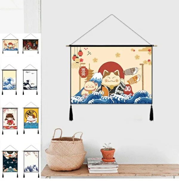 【パッケージ】：サイズ：65cm * 45cm。タペストリー本体*1、ケヤキポール*1、フリンジ*2、縄*1、無痕ピン*2、粘着フック*1。簡単に組み立てられます。　メイン素材：綿麻 【適用場所】客間、書斎、台所、寝室、食堂、廊下、会議室、...