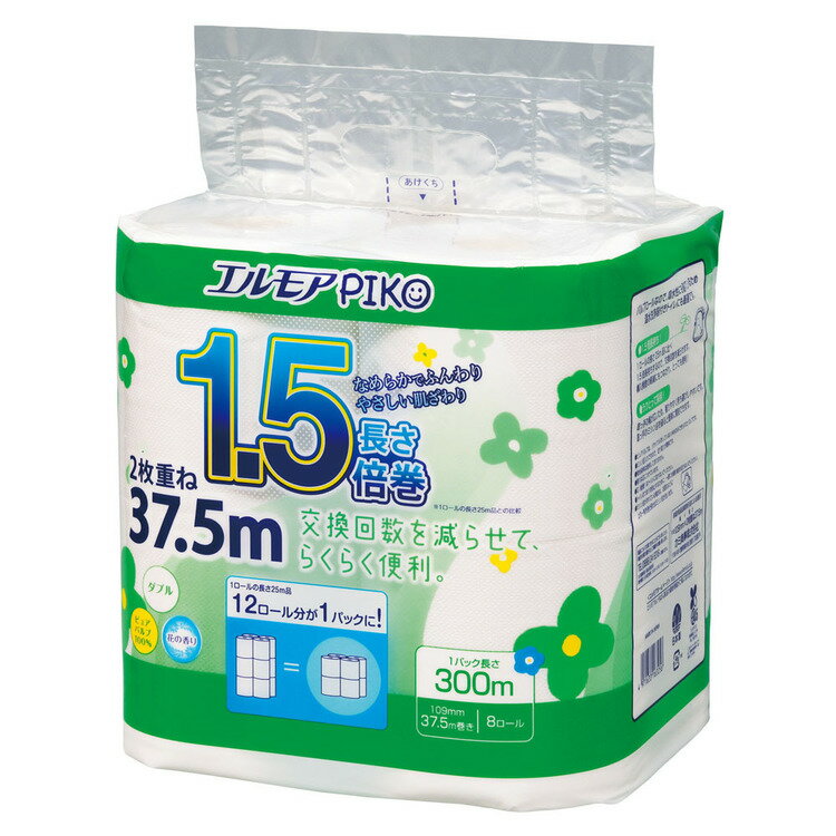 ◆日本製◆1.5倍巻きで、8ロールなのに通常品の12ロール分の長さに！トイレットロールの交換回数を減らせます。◆「ラクとって」採用で、持ちやすく開けやすいパッケージ。◆ピュアパルプ100％でなめらかな肌ざわりです。◆花の香りがほんのりさわや...