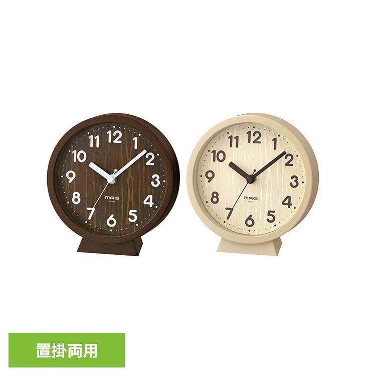 置いても掛けても使える木目調デザイン時計。場所にあわせて置いたり掛けたりできる両用タイプ。秒針は滑らかに動きます。●商品サイズ（cm）幅約15×奥行約6.8×高さ約15.8●商品重量約250g●商品仕様連続秒針、置掛兼用、枠：プラスチック、...