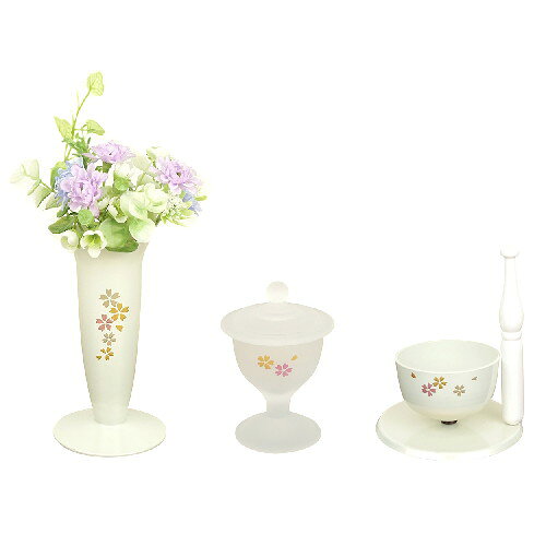 商品名 仏具・花4点セット アイボリー 商品番号 仕様 ■外寸：花立て：幅65mm、高さ120mm／お水入れ：幅65mm、高さ95mm／おりん：幅95mm、高さ45mm／りん棒：幅13mm、高さ110mm／アーティフィシャルフラワー：高さ約...