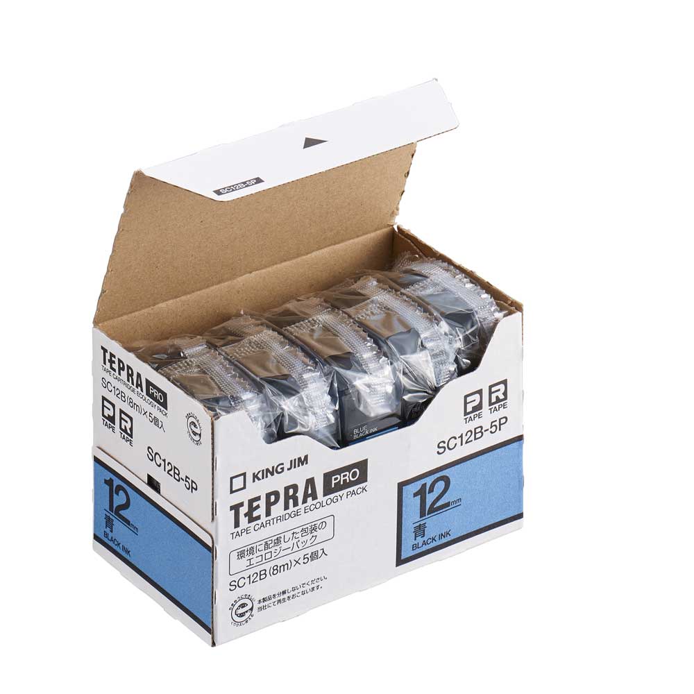 商品名 エコパック カラーラベル・パステル 青・黒文字（PROテープ） SC12B-5P 商品番号 SC12B-5P 仕様 ●テープ幅：12mm　●テープ色：青　●黒文字　●長さ：8mエコパック カラーラベル・パステル 青・黒文字（PROテ...