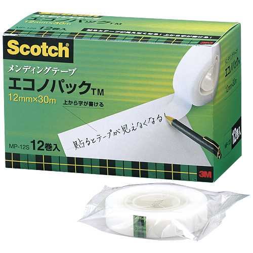 商品名 メンディングテープ MP-12S 12mm×30m 12巻 商品番号 MP-12S 仕様 ■サイズ：幅12mm×長30m■1箱入数：12巻■材質：基材＝アセテートフィルム、粘着剤＝アクリル系粘着剤※カッター（ブリキ刃）はついてません...