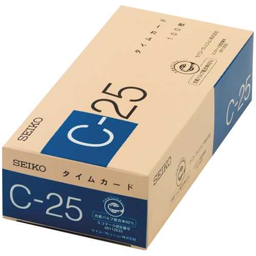 商品名 タイムカード C-25 100枚 商品番号 CA-C25 仕様 ■Cカード■25日締めに対応（日付印刷有り）■両面カード■印字欄数：6欄■タイムカード1枚サイズ：幅86×長さ184mm■入数：100枚■箱サイズ：幅89×奥行き187...