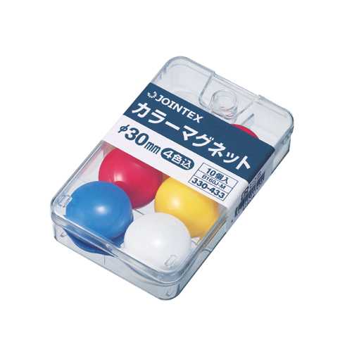 商品名 カラーマグネット 30mm混色 10個 B160J-M 商品番号 B160J-M 仕様 ■マグネット■直径：30mm■1箱入数：10個■厚さ：11mm■色：ミックス（赤・青・黄×各2個、白×4個）■JOINTEXオリジナル JANコ...