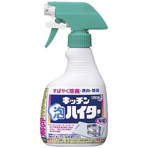商品名 キッチン泡ハイター 本体 400ml 商品番号 仕様 ■キッチン用除菌剤■内容量：400ml■スプレータイプ■ボトル交換式 JANコード 4901301733801気づいた時に手軽に使える、スプレータイプの塩素系漂白剤です。シュッと...